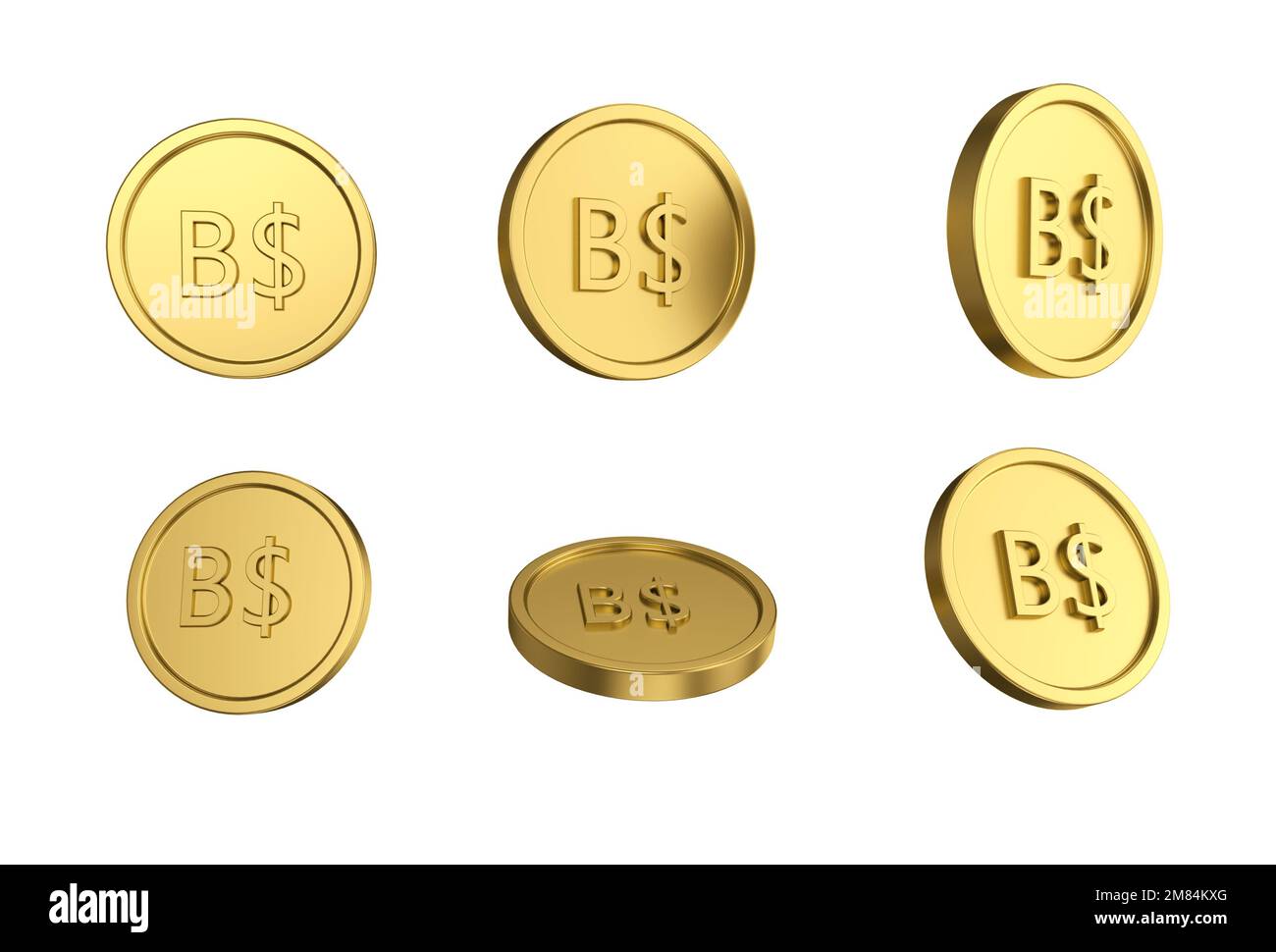 3d illustration Set of gold Brunei dollar coin in different angels on ...