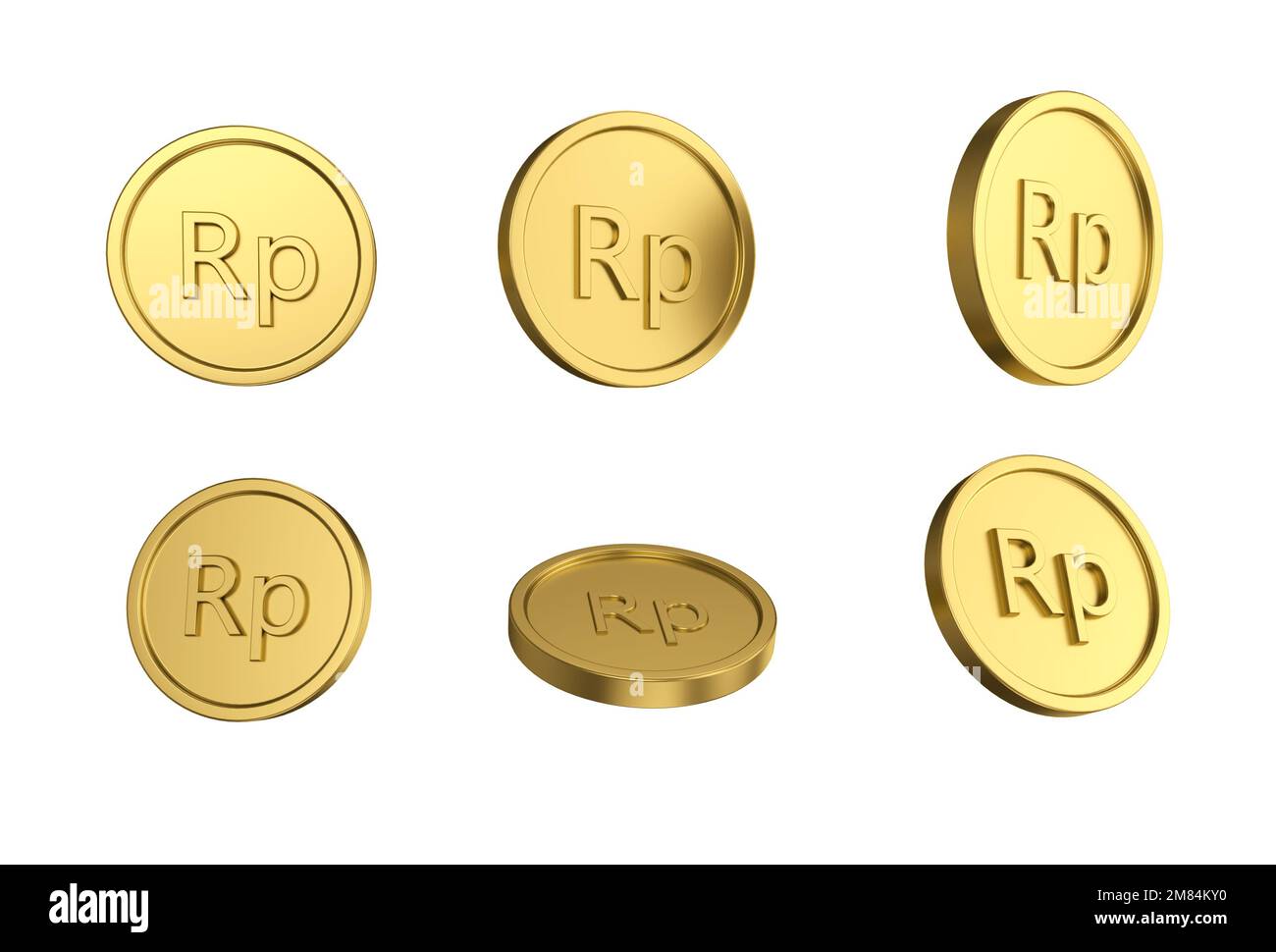 3d illustration Set of gold Indonesian rupiah coin in different angels ...