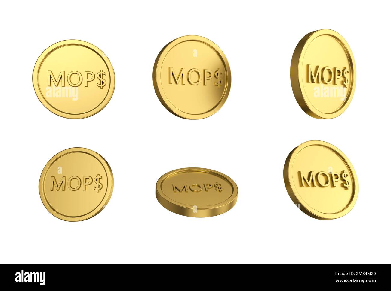 3d illustration Set of gold Macanese pataca coin in different angels on ...