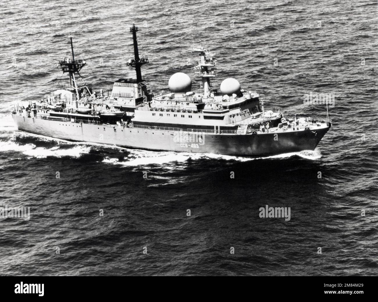 An aerial starboard bow view of a Soviet Balzam class intelligence ...