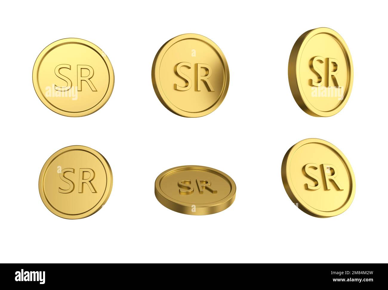 3d illustration Set of gold Saudi riyal coin in different angels on ...