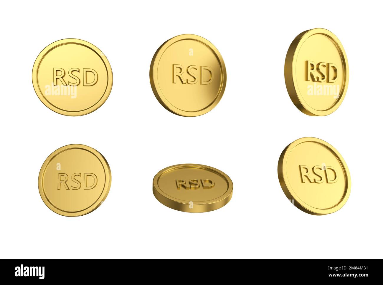 3d illustration Set of gold Serbian dinar coin in different angels on ...