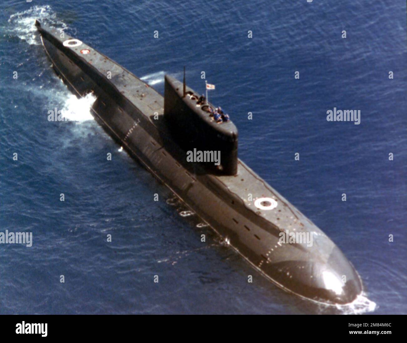 An aerial starboard bow view of a Soviet Kilo class attack submarine ...