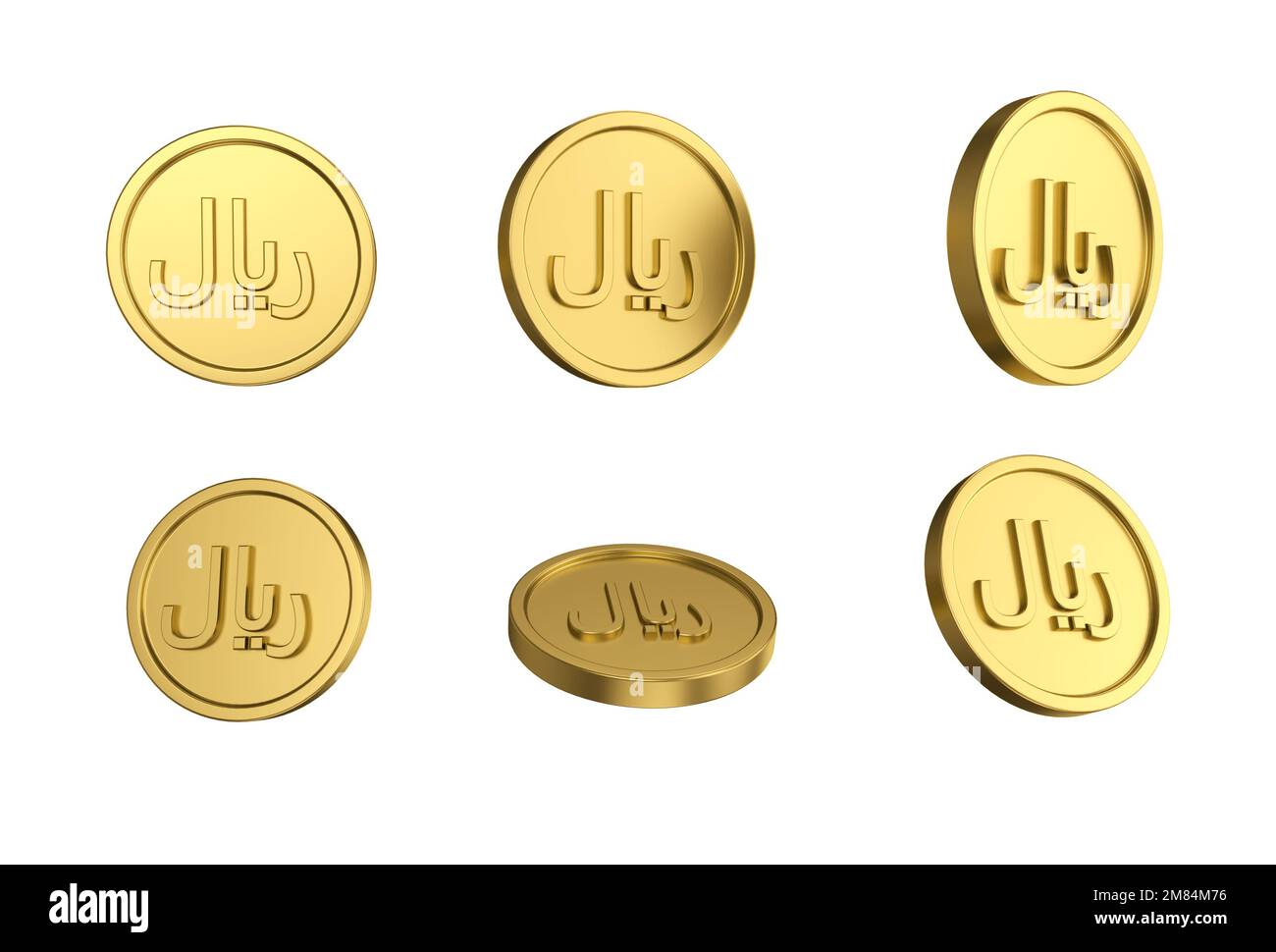3d illustration Set of gold Yemeni rial coin in different angels on ...