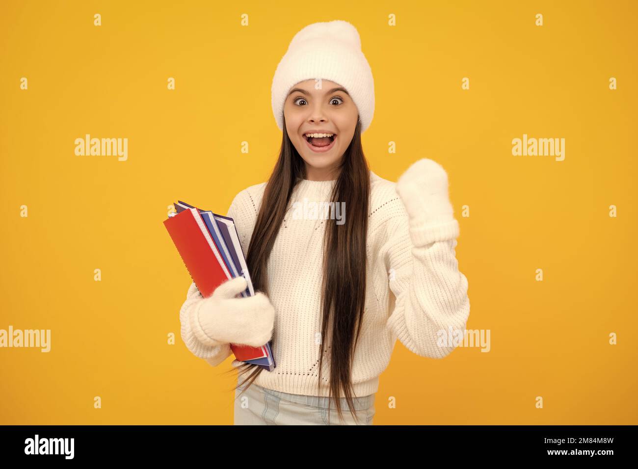 Excited face. School girl teenager child student with backpack and warn ...