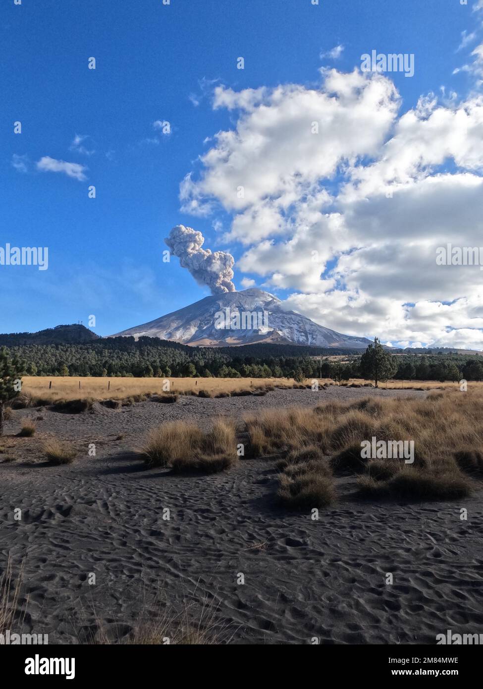 A vertical shot of the Popocatepetl active volcano in Mexico Stock ...