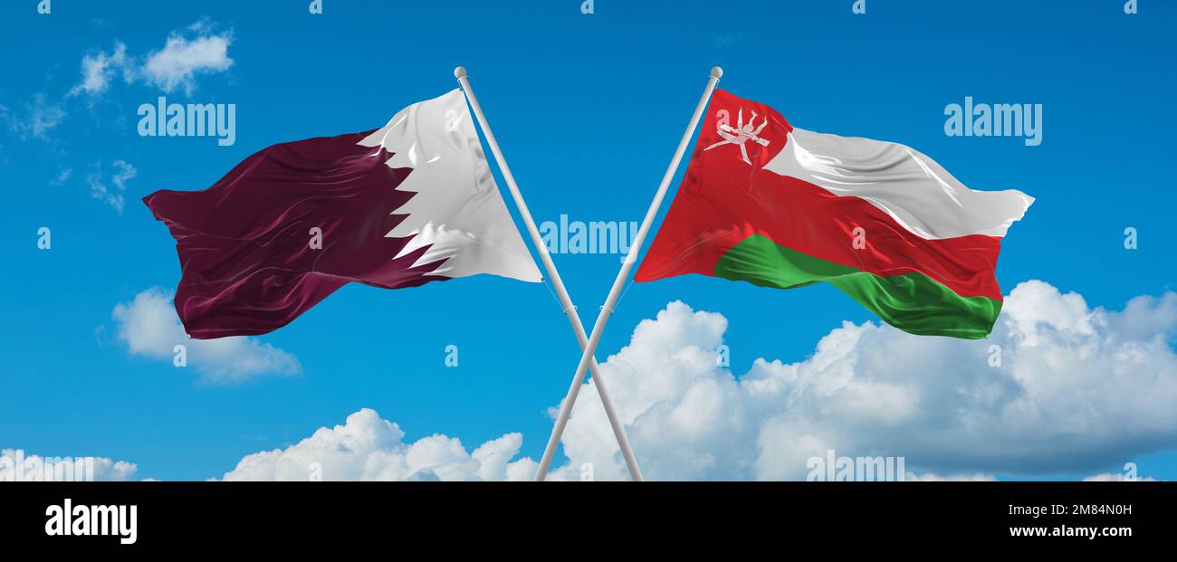 two crossed flags Oman and Qatar waving in wind at cloudy sky. Concept of relationship, dialog ...