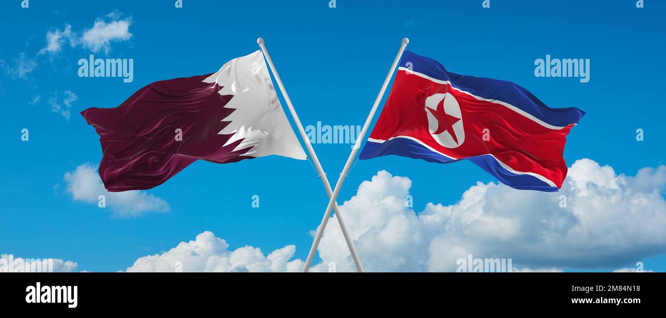 two crossed flags North Korea and Qatar waving in wind at cloudy sky. Concept of relationship ...