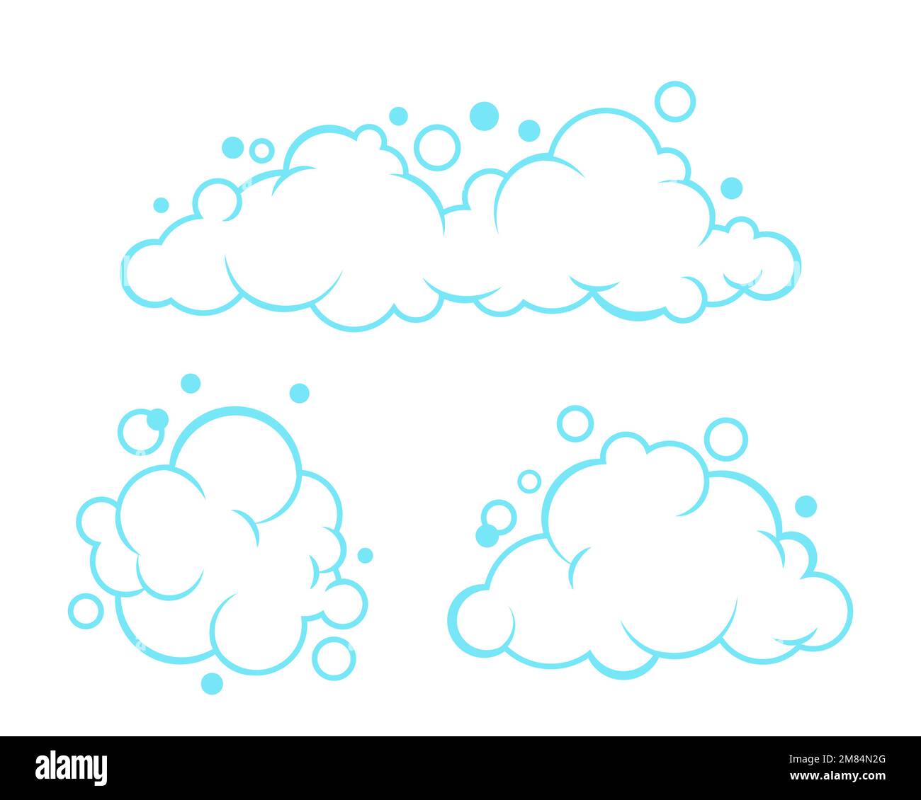 Soap foam set with bubbles. Carton light blue suds of bath water ...