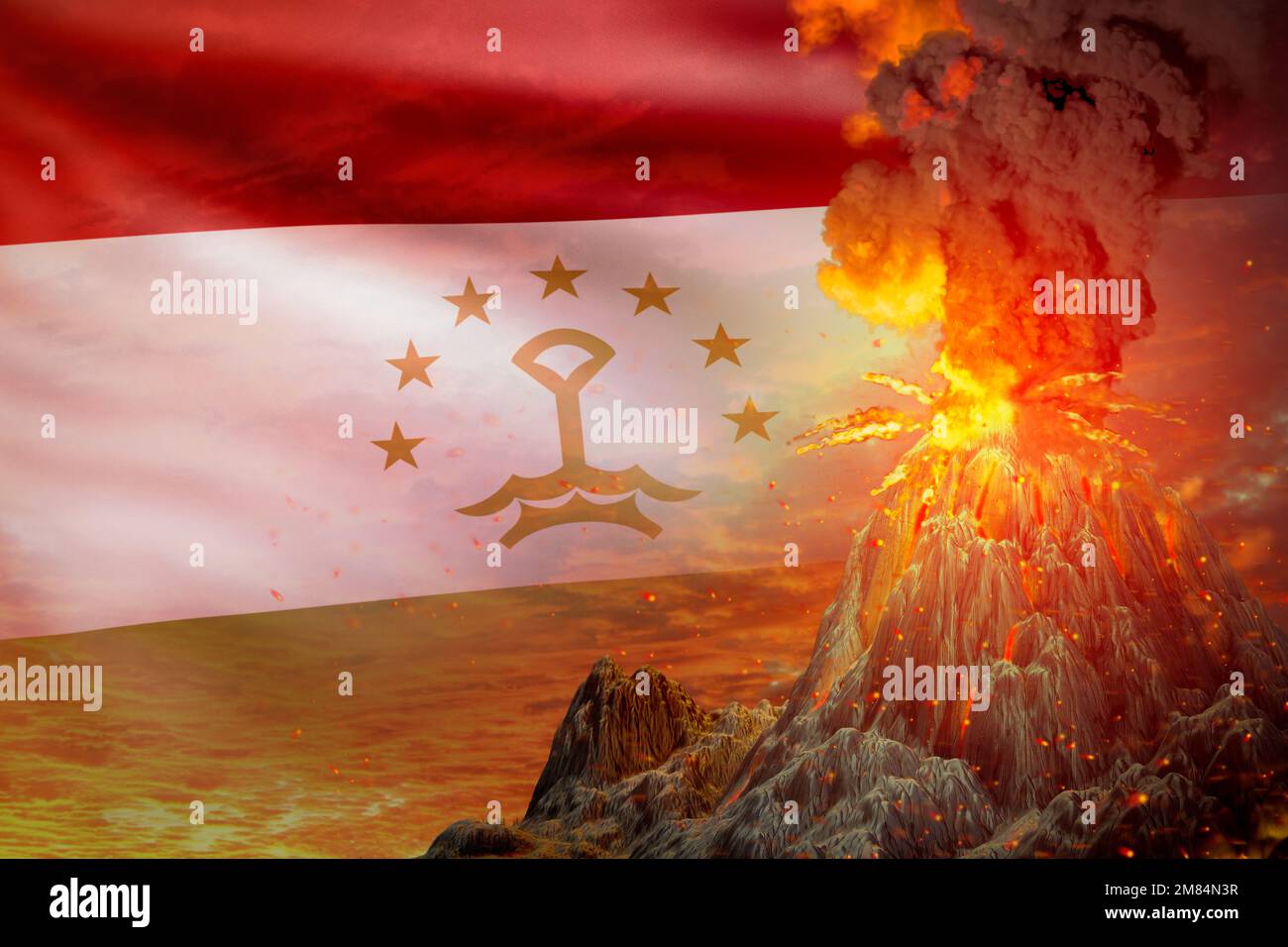 conical volcano eruption at night with explosion on Tajikistan flag ...