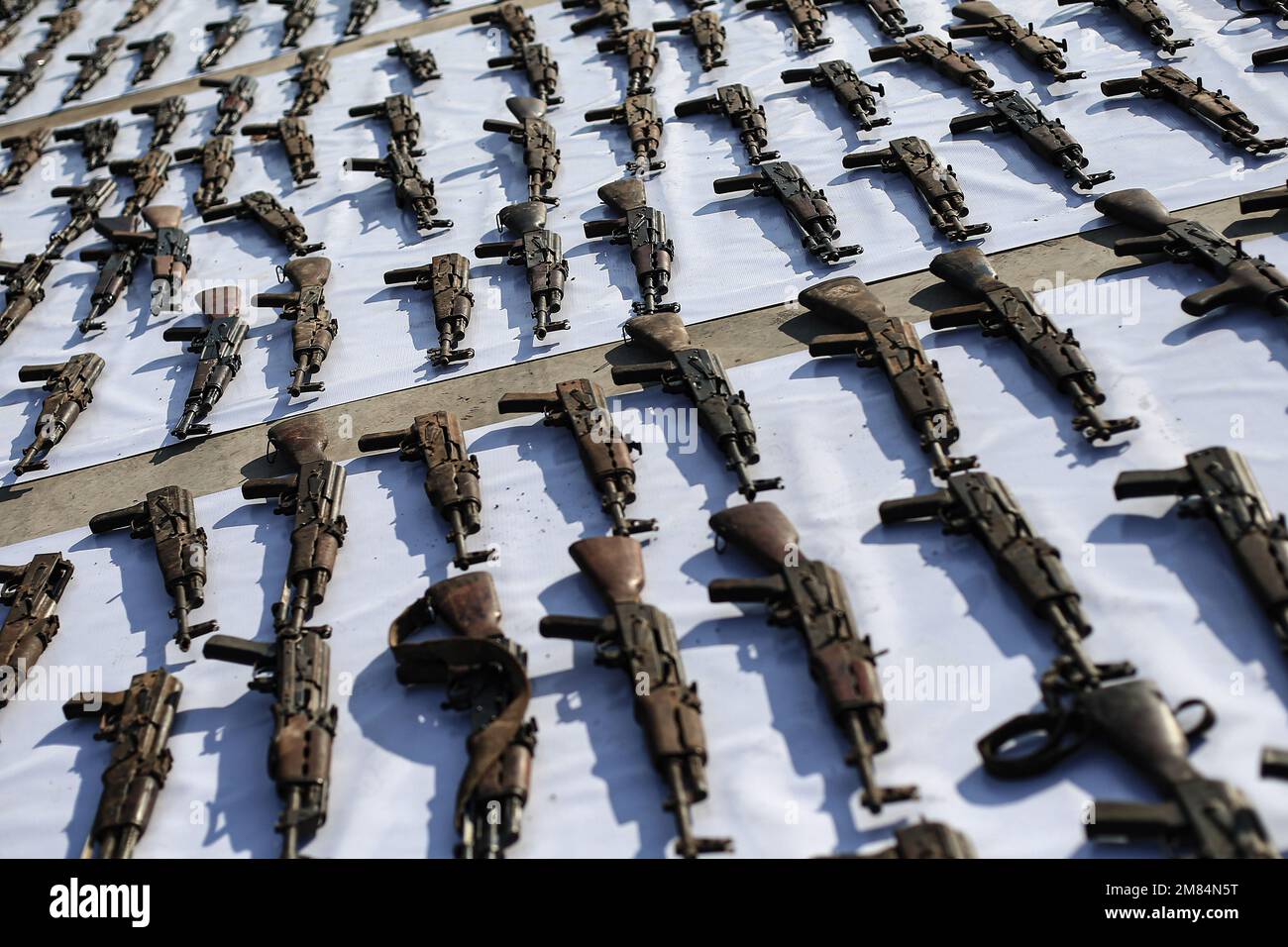 Baghdad, Iraq. 12th Jan, 2023. A general view of seized weapons ...
