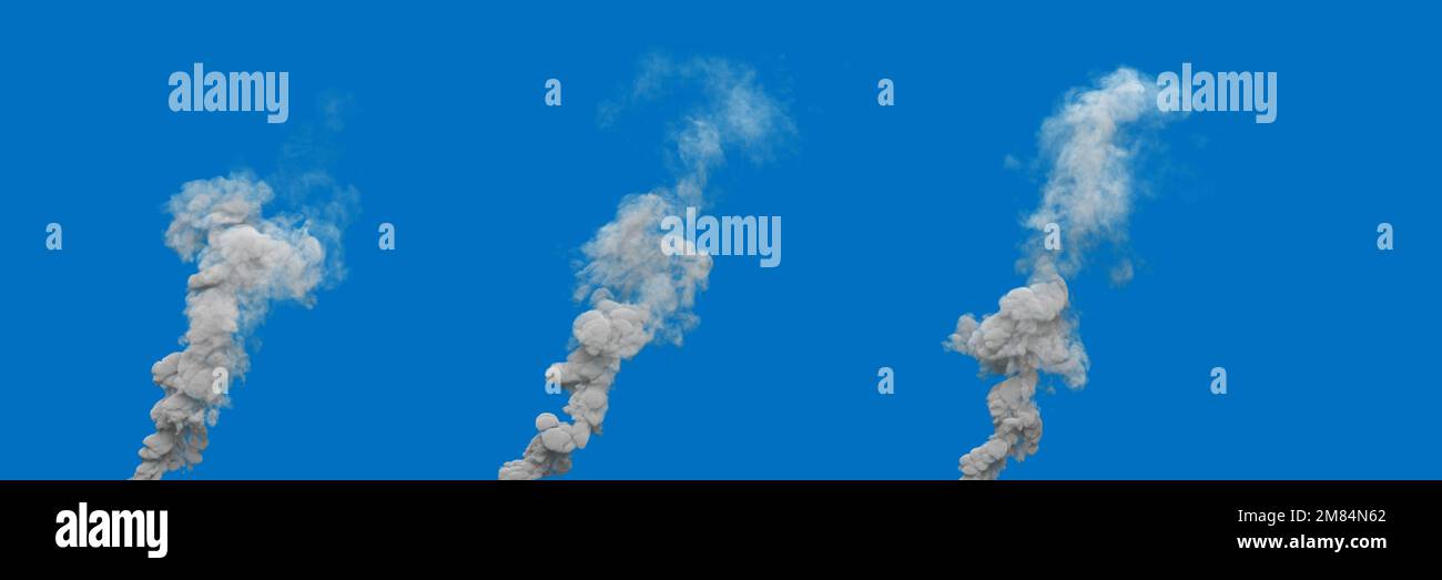 3 grey co2 emissions smoke columns from waste burning on blue, isolated ...