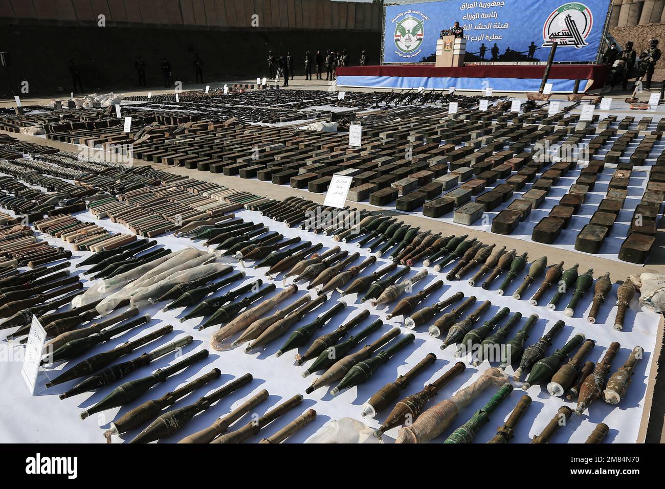 Baghdad, Iraq. 12th Jan, 2023. A general view of seized weapons ...