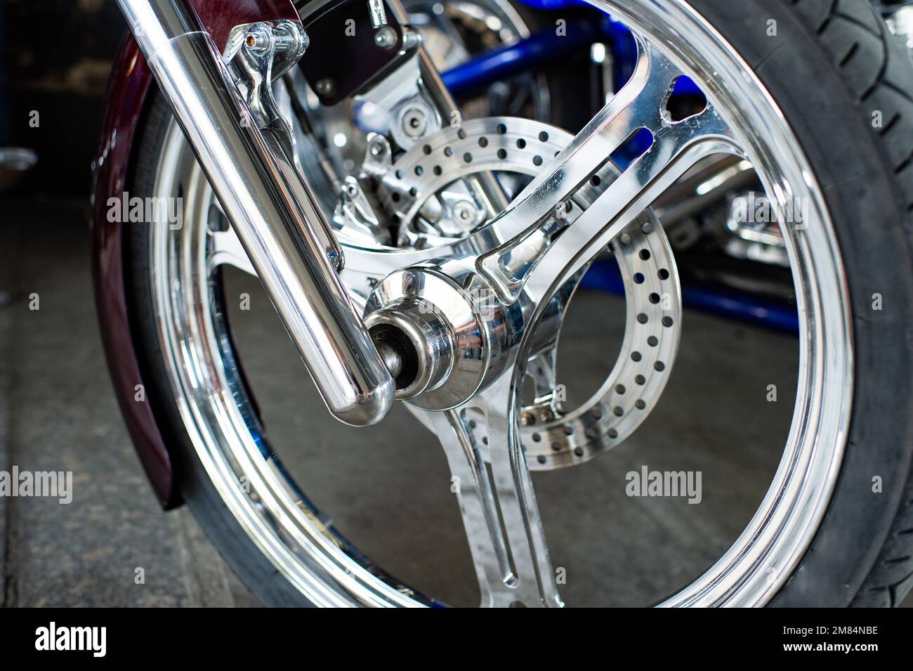 Detailed front wheel with chrome spokes of custombike custom motorcycle ...