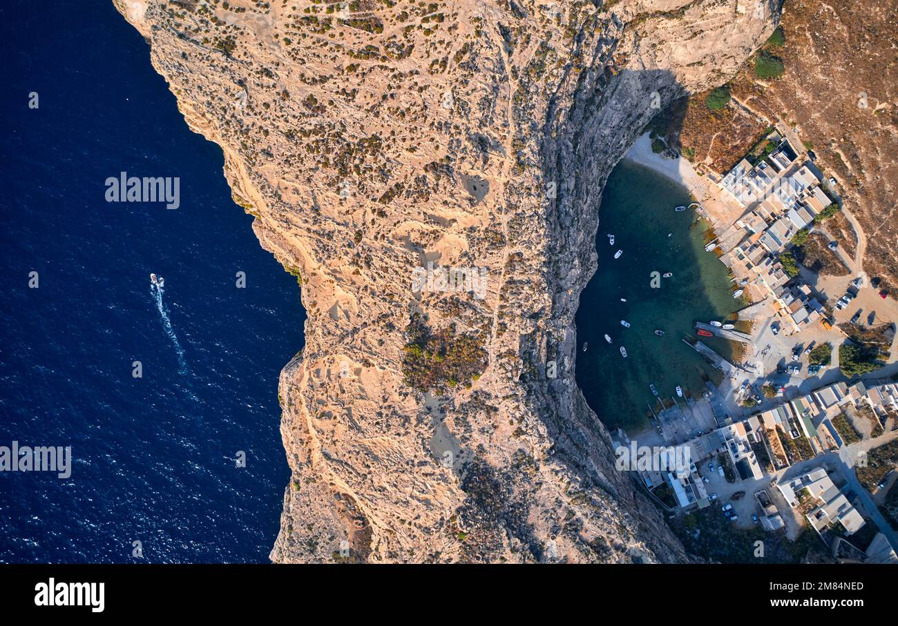 An aerial shot of the inland sea Gozo at Dwejra bay in Malta Stock ...