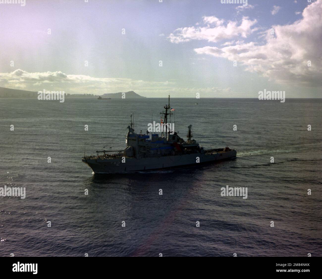 An elevated port bow view of the salvage and rescue ship USS BEAUFORT ...