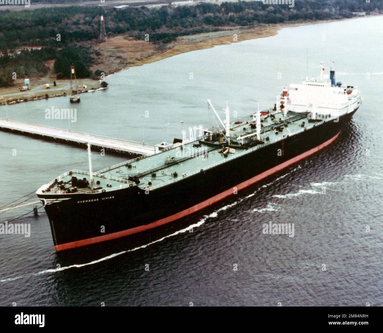 An elevated port bow view of the transport oiler SS OVERSEAS VIVIAN (T ...