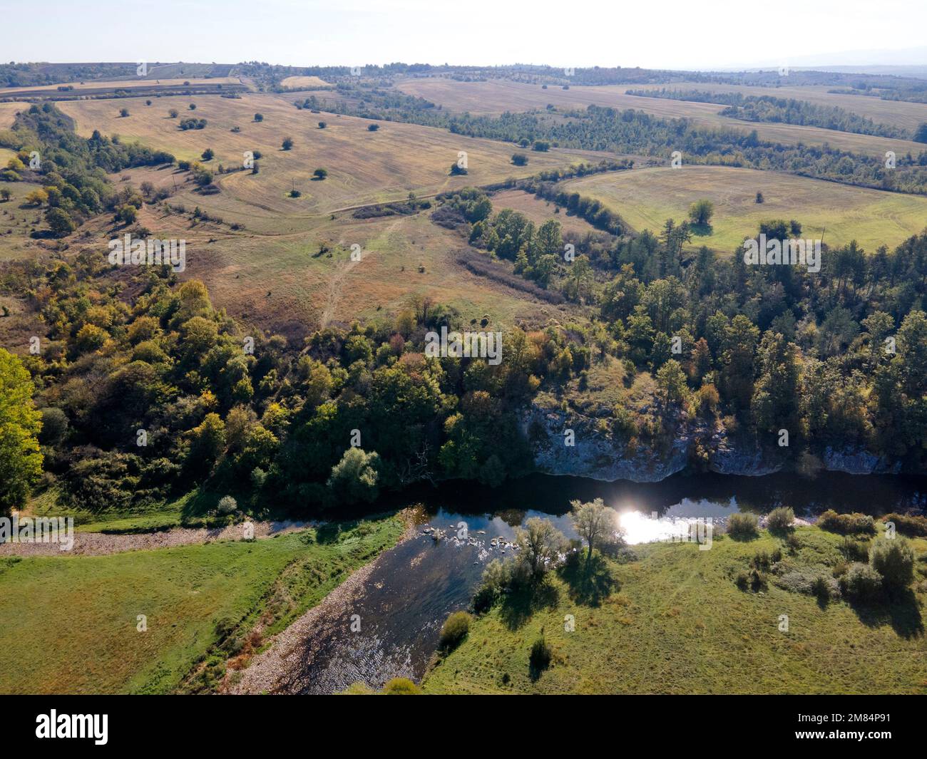 Amazing Aerial view of Vit river, passing near village of Aglen, Lovech ...