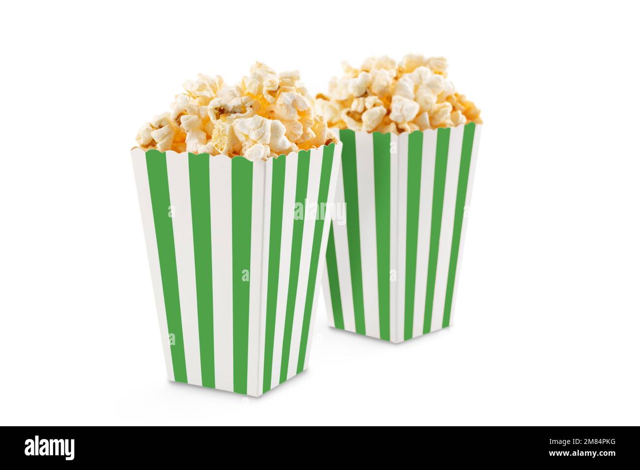 Two green white striped carton buckets with tasty cheese popcorn ...