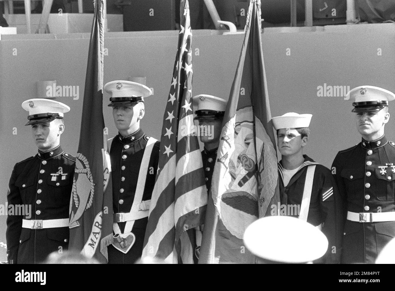 A color guard from the submarine tender USS SIMON LAKE (AS 33) stands ...