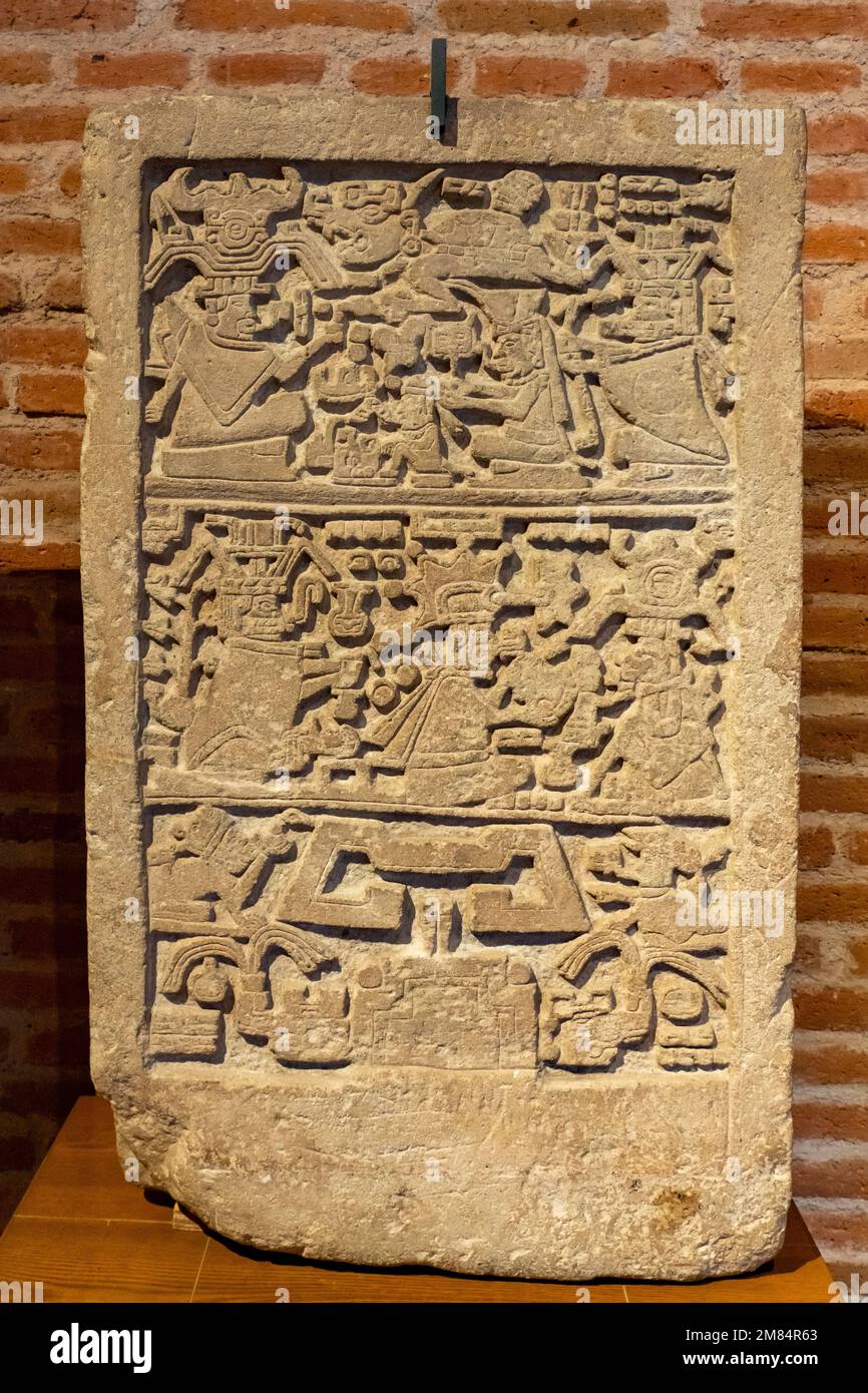 Pre-Hispanic carved stone showing events in the life of a Zapotec ruler ...