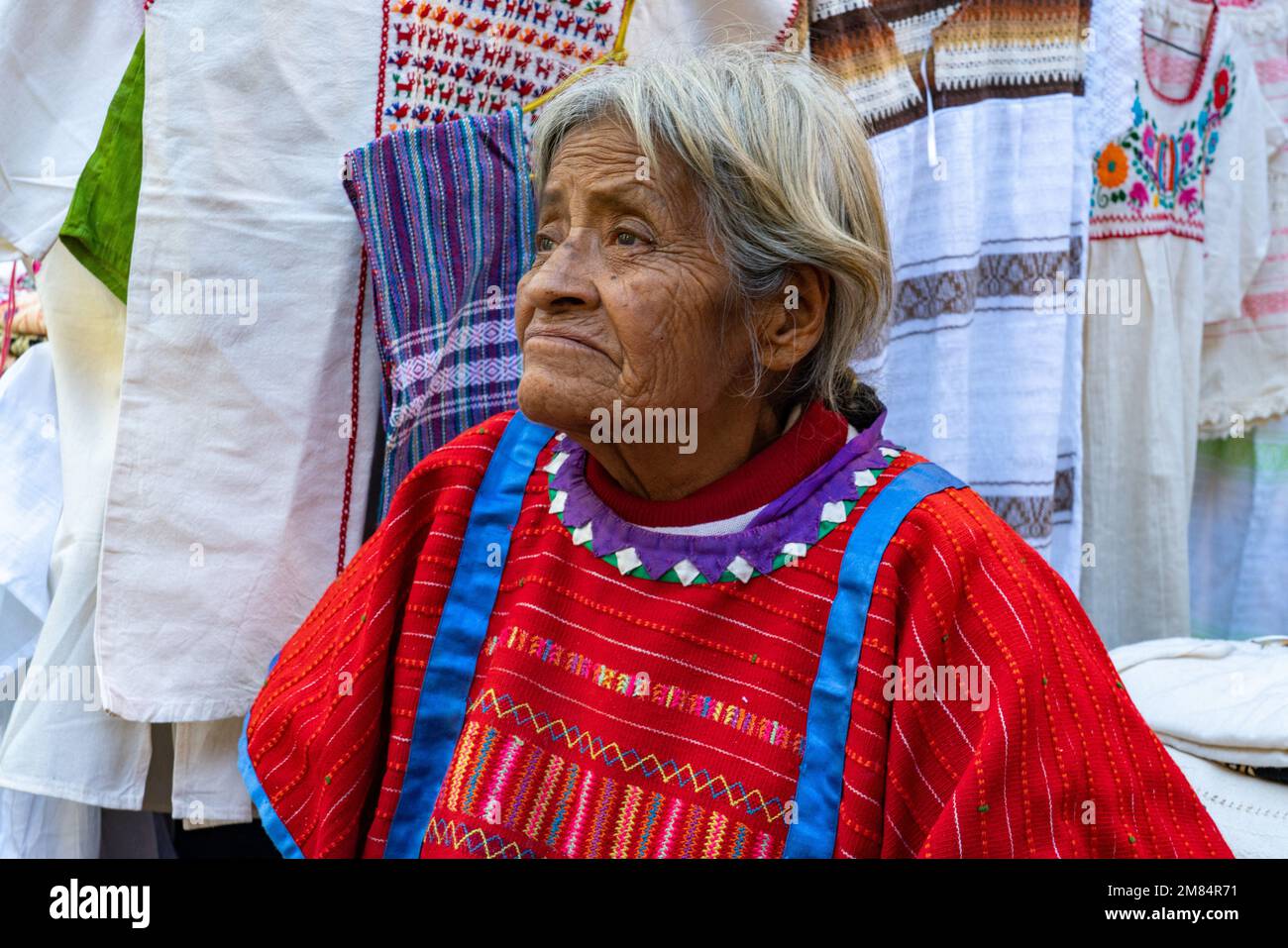 An elderly indigenous Trique Indian woman in the traditional hand-woven ...