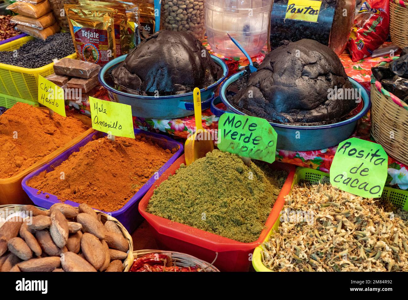 Various varieties of moles for sale in the Mercado Benito Juarez in ...