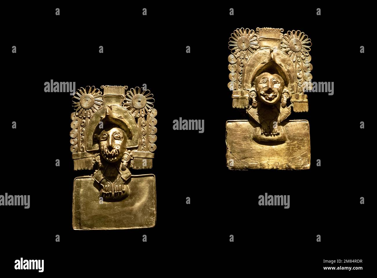 Solid gold pectorals of the Aztec deity Xochipilli or Mixtec deity Dzahui. Museum of Cultures of ...