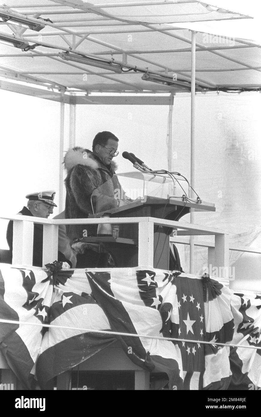Senator Ted Stevens, R-Alaska, speaks during the commissioning of the ...