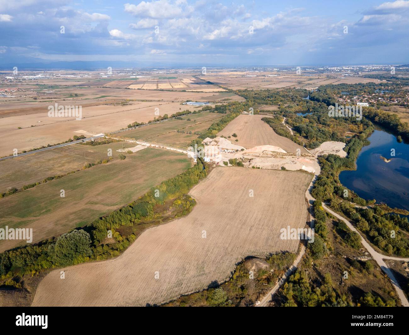 Aerial view of Maritsa River near village of Orizari, Plovdiv region ...