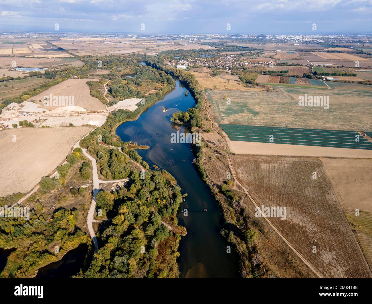 Aerial view of Maritsa River near village of Orizari, Plovdiv region ...