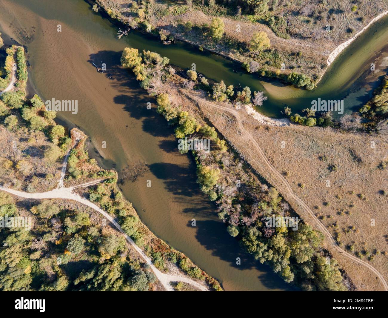 Aerial view of Maritsa River near village of Orizari, Plovdiv region ...