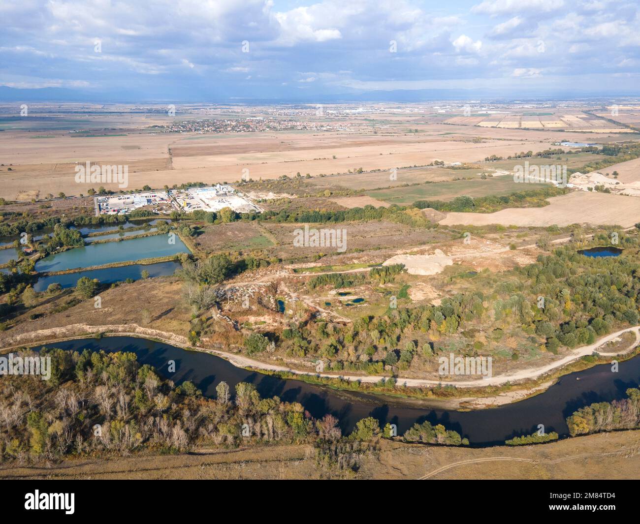 Aerial view of Maritsa River near village of Orizari, Plovdiv region ...