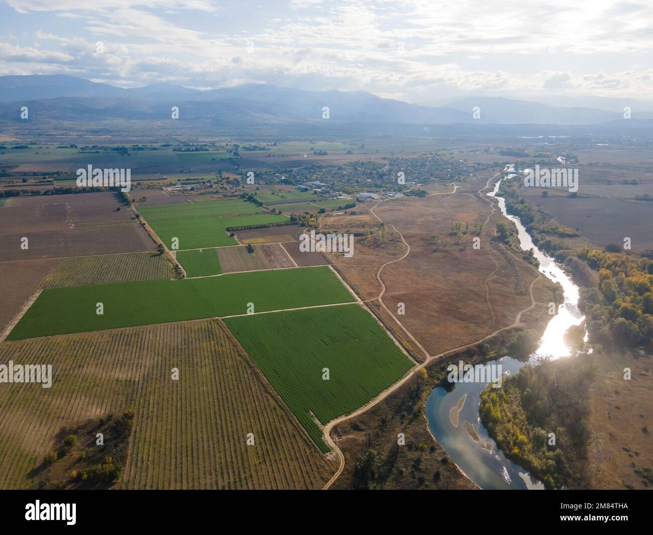 Aerial view of Maritsa River near village of Orizari, Plovdiv region ...