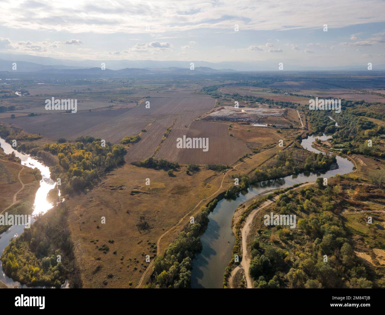 Aerial view of Maritsa River near village of Orizari, Plovdiv region ...