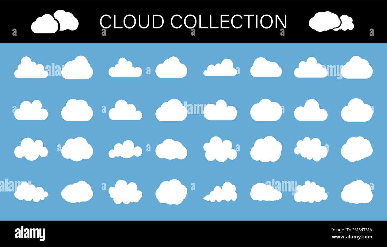 collection of white puffy cloud symbols isolated on blue background, icon set vector ...