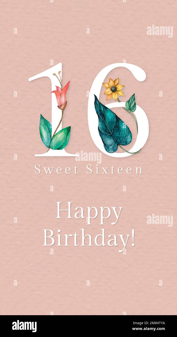 16th birthday greeting template vector with floral number illustration ...