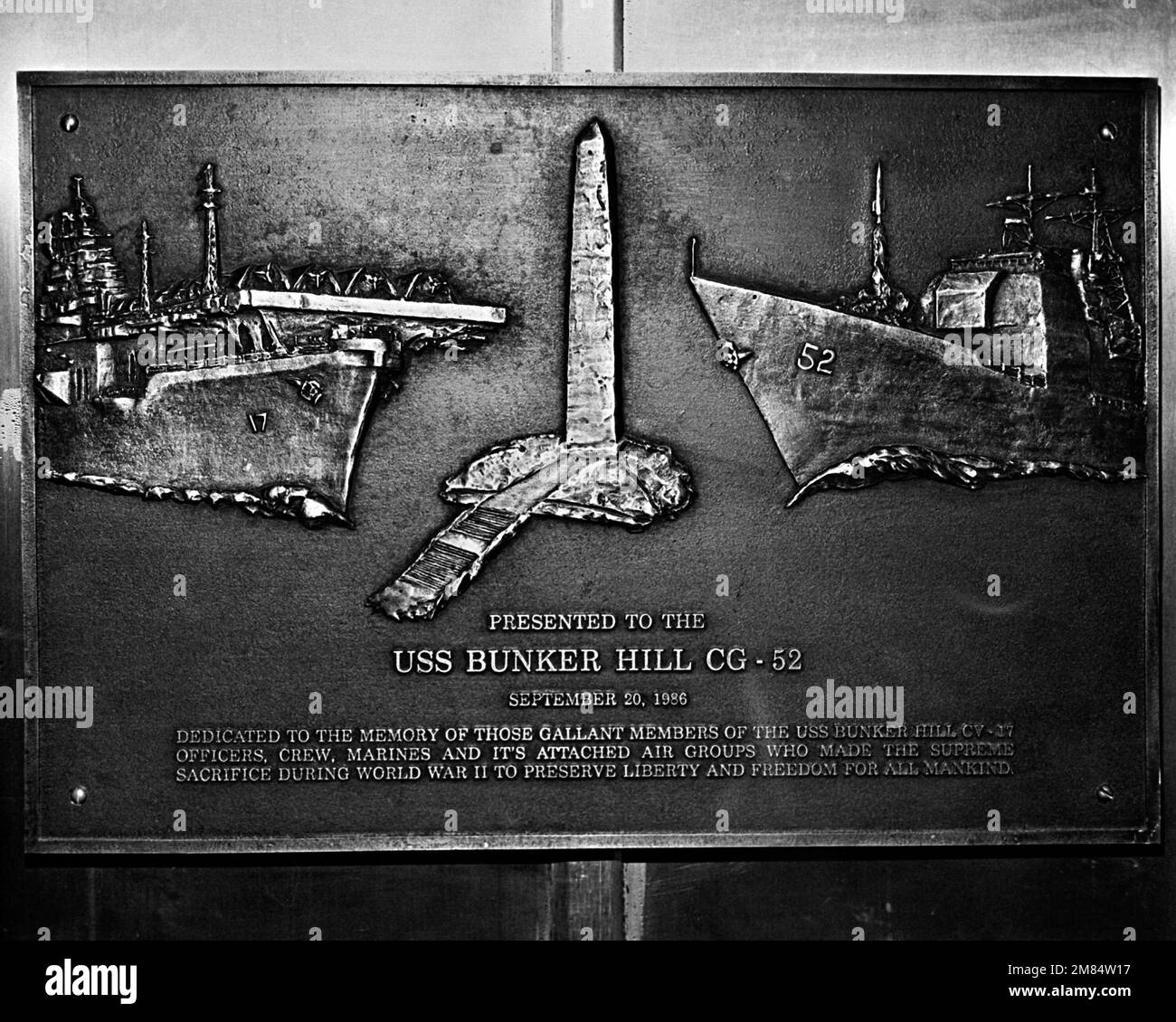 A memorial plaque aboard the guided missile cruiser USS BUNKER HILL (CG ...