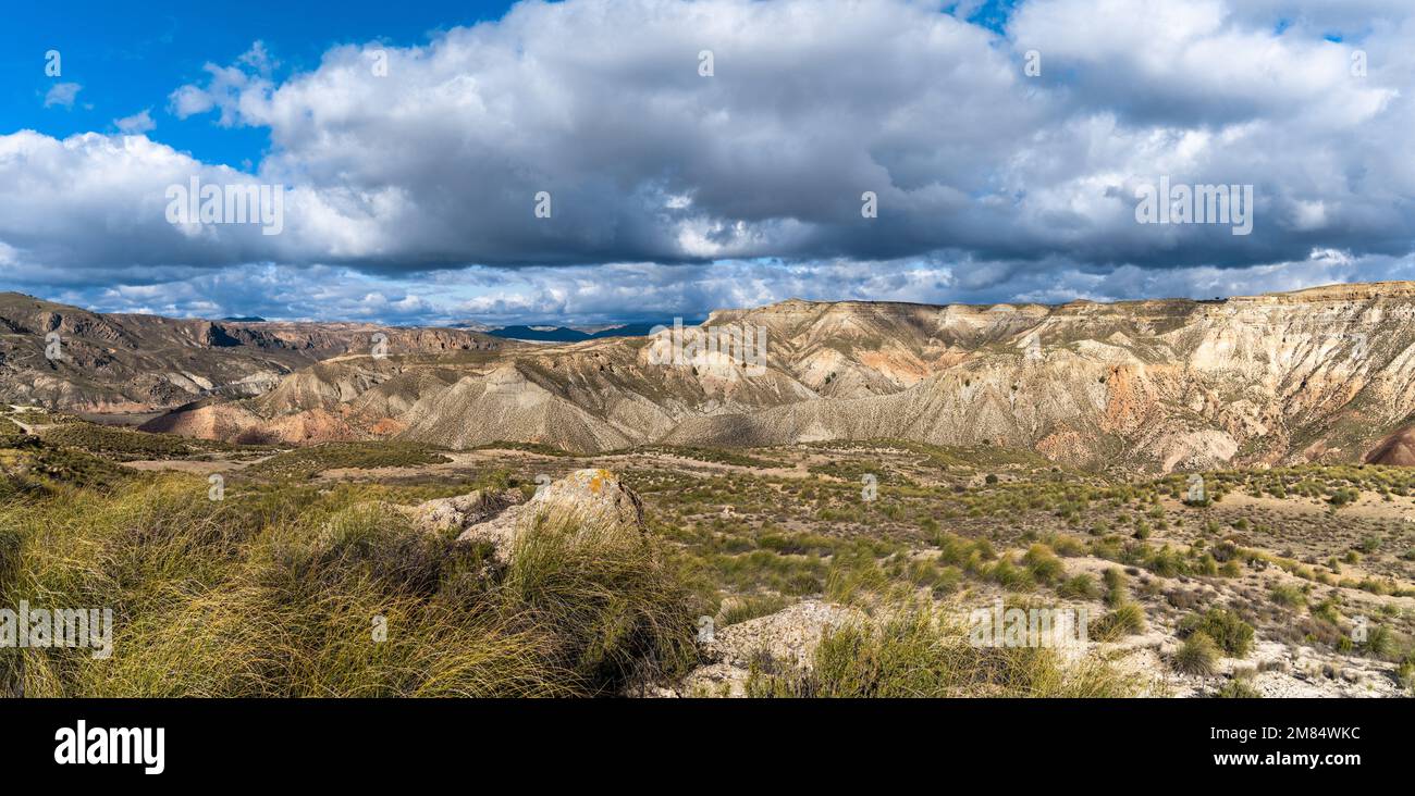 landscape view of the Gorafe desert and red clay canyons in southern ...