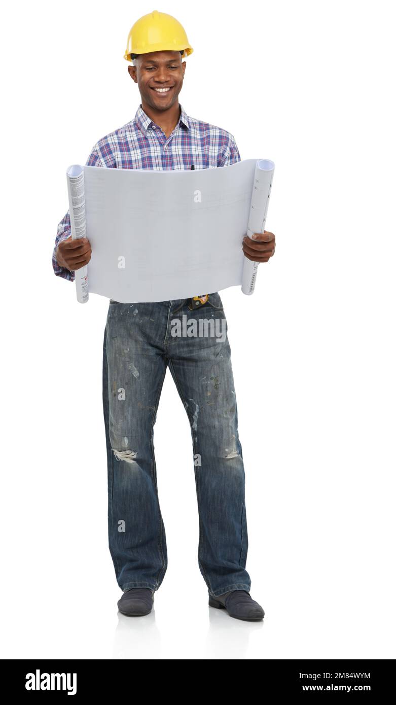 Making sure the building plans are correct. Full length studio portrait ...