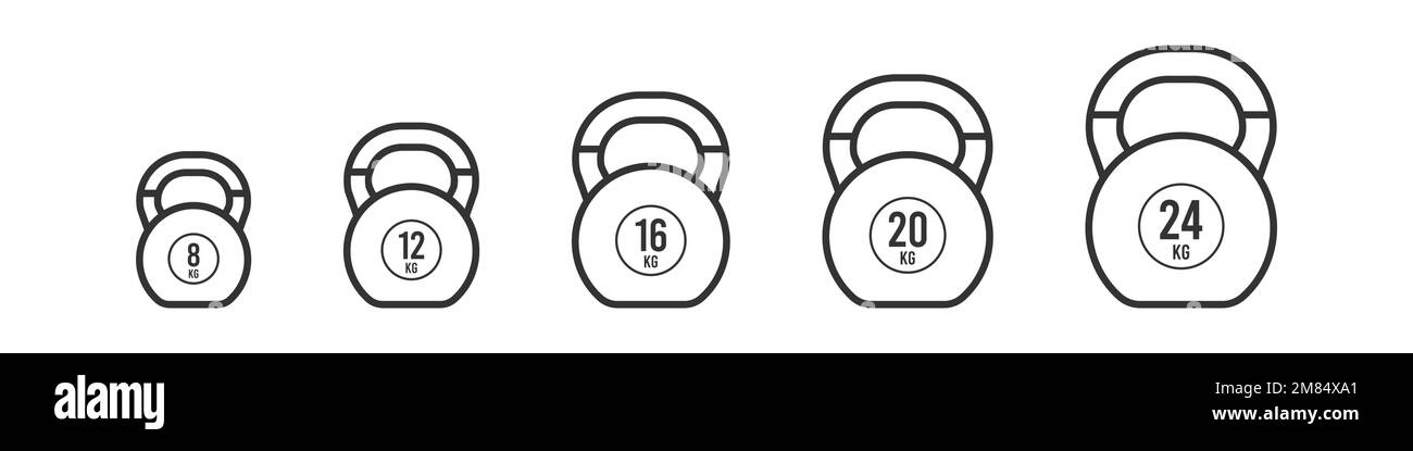 Black outline icon set kettlebells. Different weights and sizes: 8, 12 ...