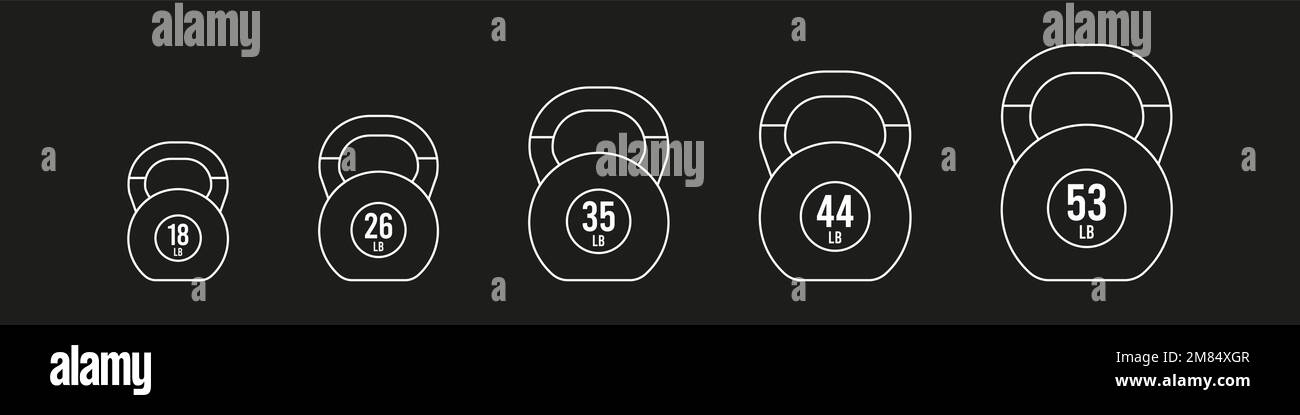 White outline icon set kettlebells. Different weights and sizes: 18, 26 ...