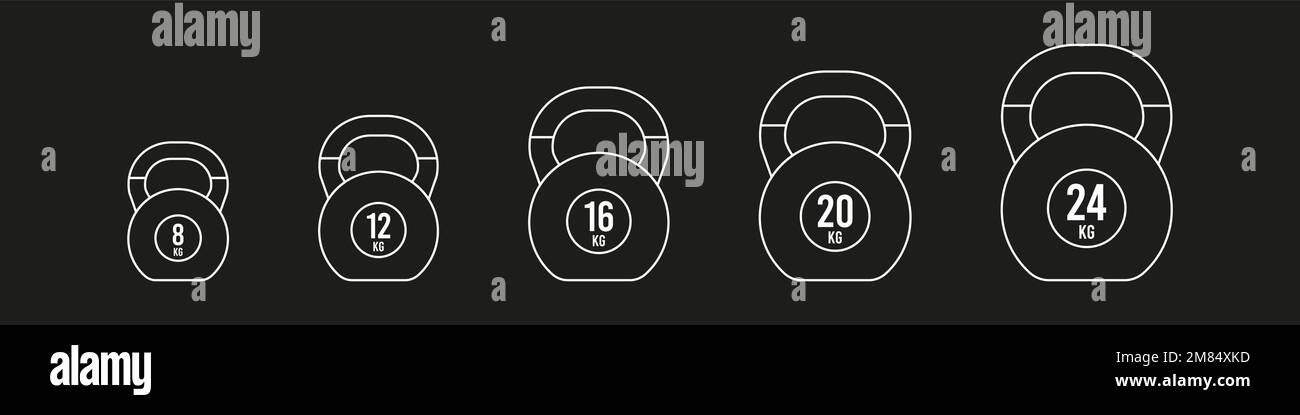 White outline icon set kettlebells. Different weights and sizes: 8, 12 ...