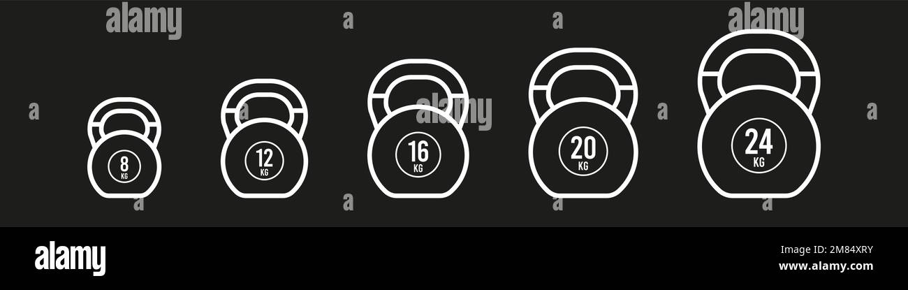 White outline icon set kettlebells. Different weights and sizes: 8, 12 ...