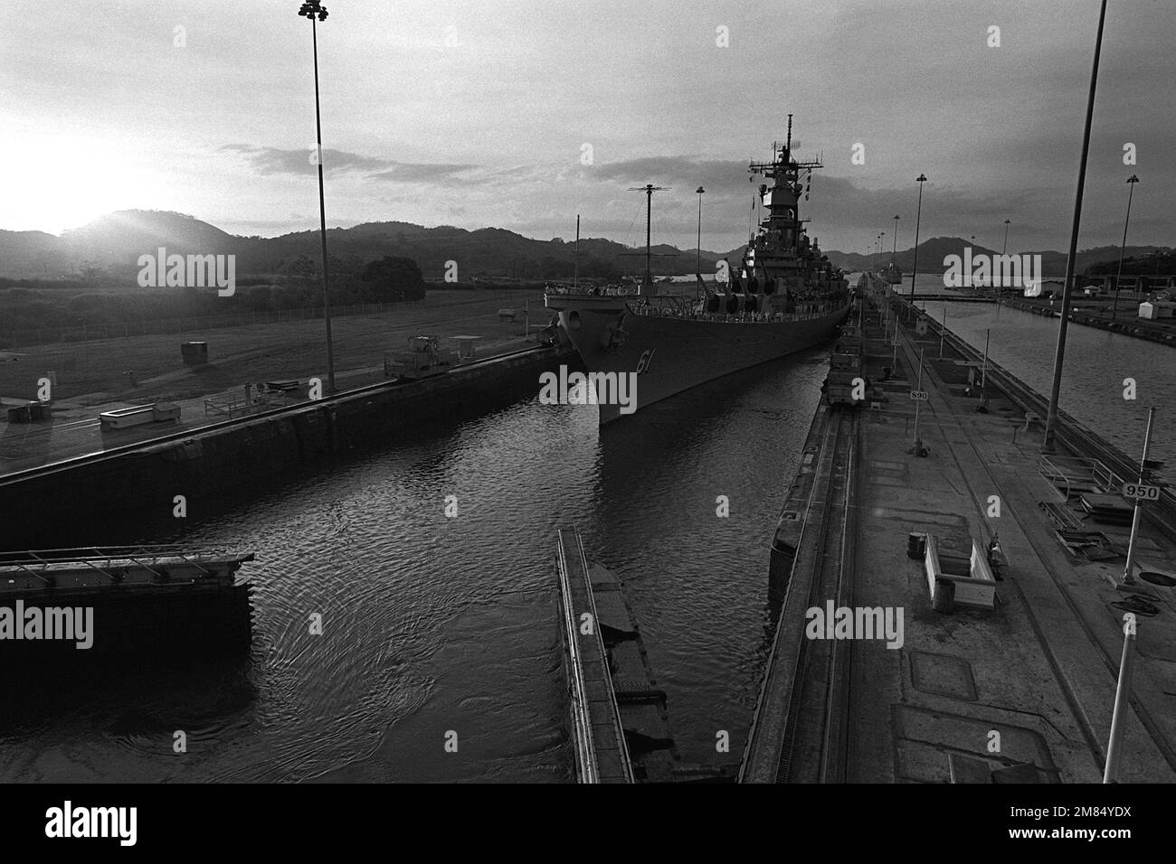 A port bow view of the battleship USS IOWA (BB-61) passing through the Pedro Miguel Locks of the ...