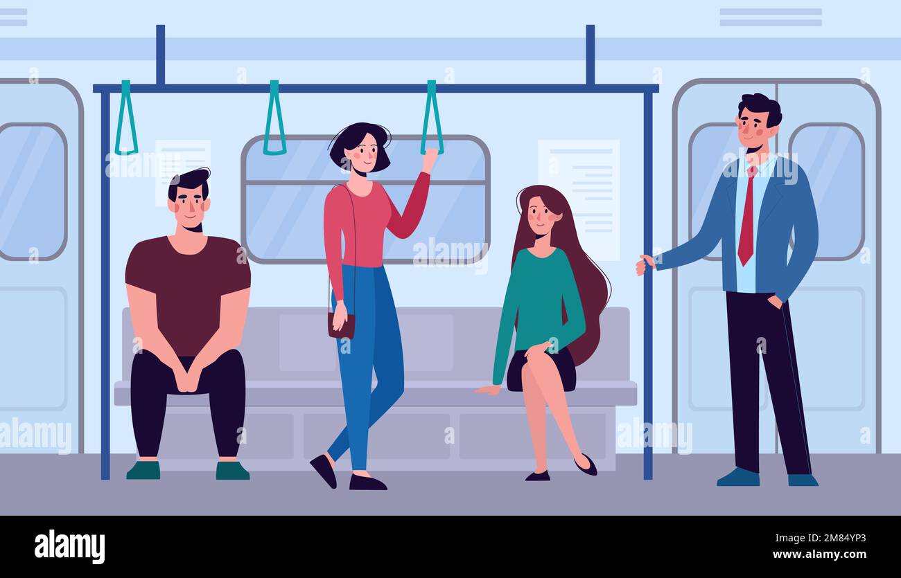 People ride in public transport. Subway, bus, men and women sit and ...