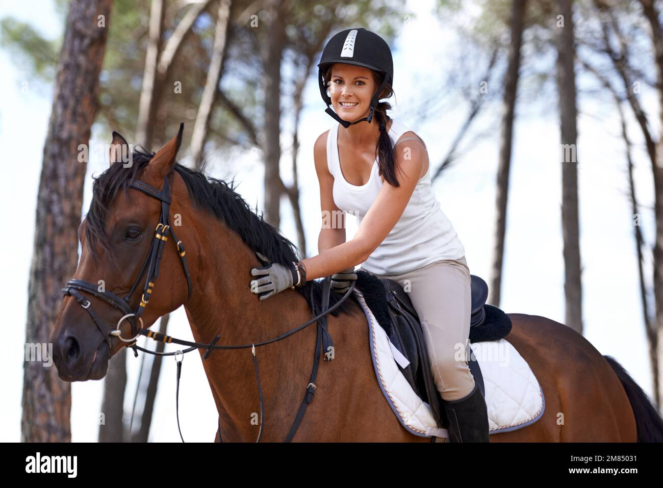 Steadying her mount. A beautiful young woman riding her chestnut horse ...