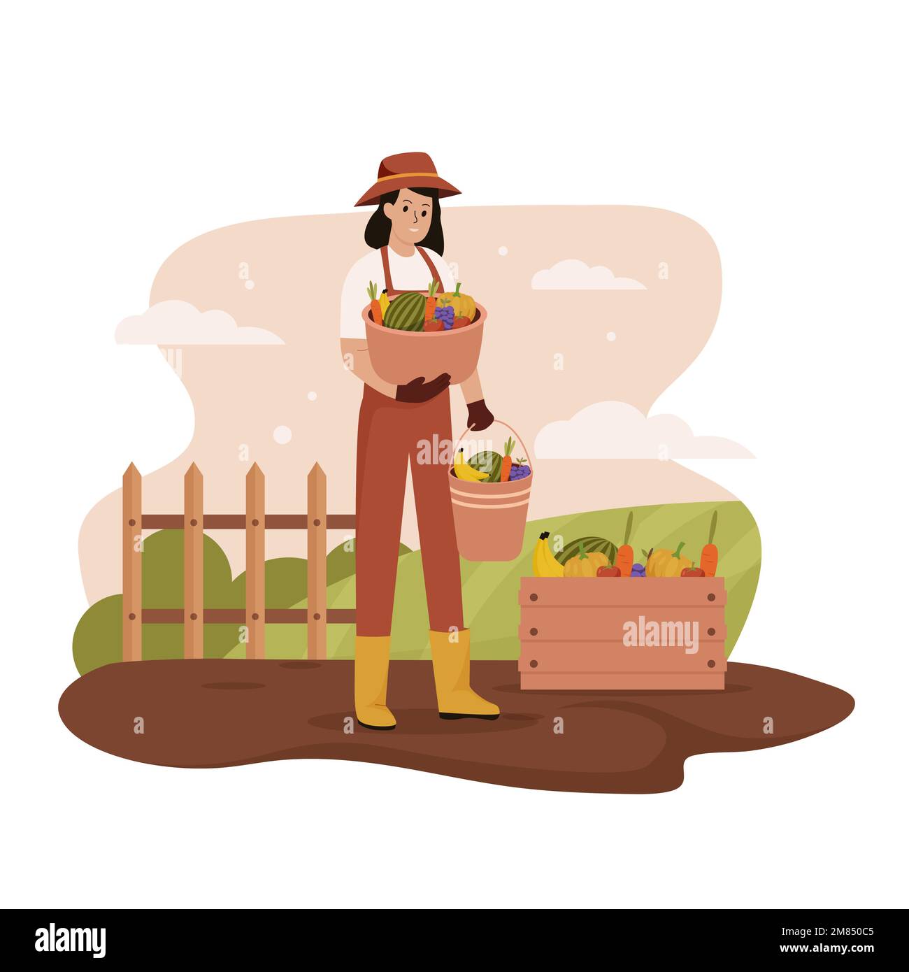 Flat design of woman harvesting at farm. Illustration for websites ...