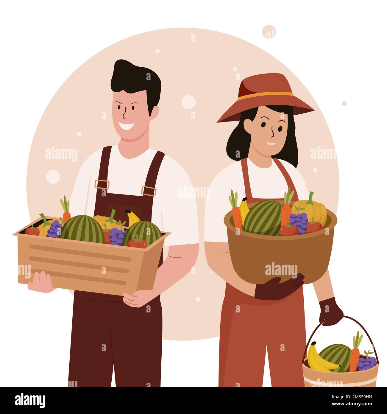 Flat design of male and female farmers harvesting fruit. Illustration ...