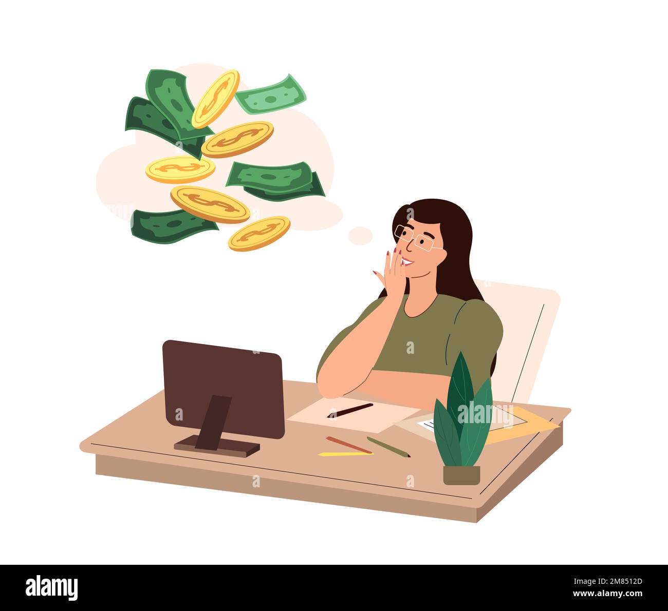 Female employee dreaming about money at work.Businesswoman thinking ...